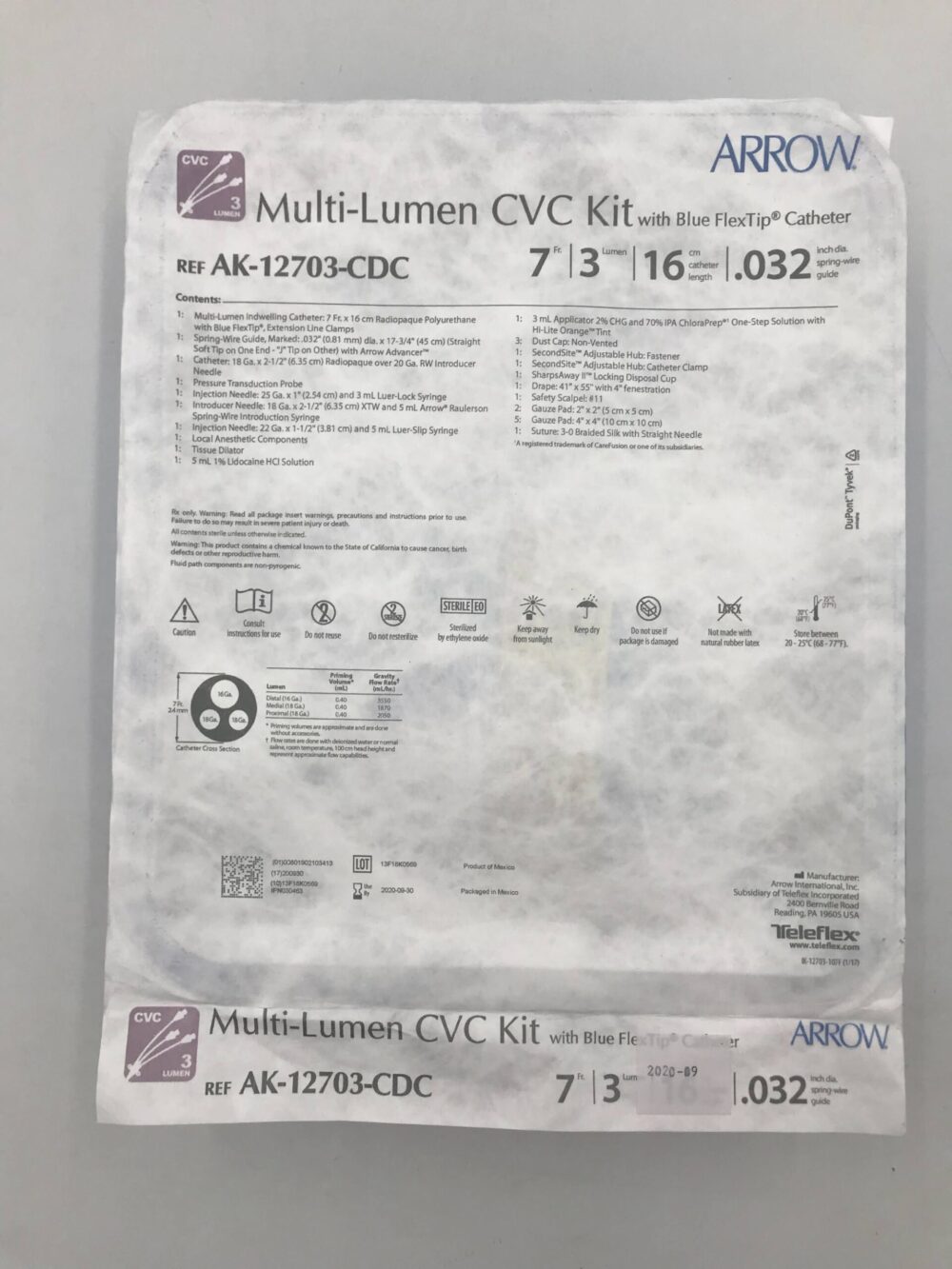 ARROW AK-12703-CDC Multi-Lumen CVC Kit w/Blue FlexTip Catheter 7F(X ...
