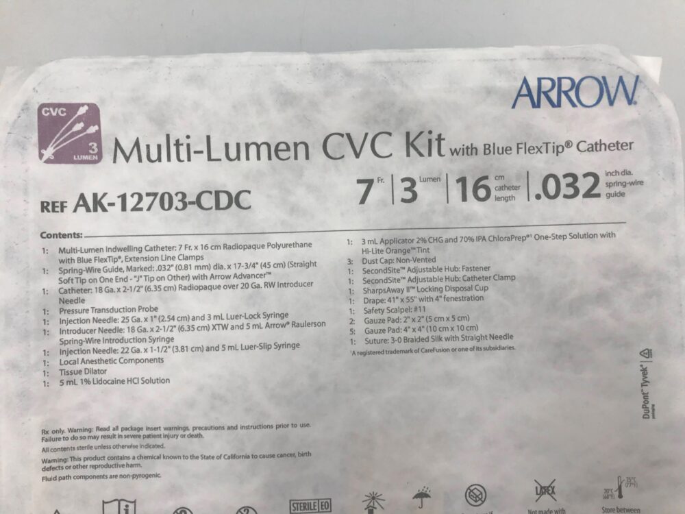 ARROW AK-12703-CDC Multi-Lumen CVC Kit w/Blue FlexTip Catheter 7F(X ...