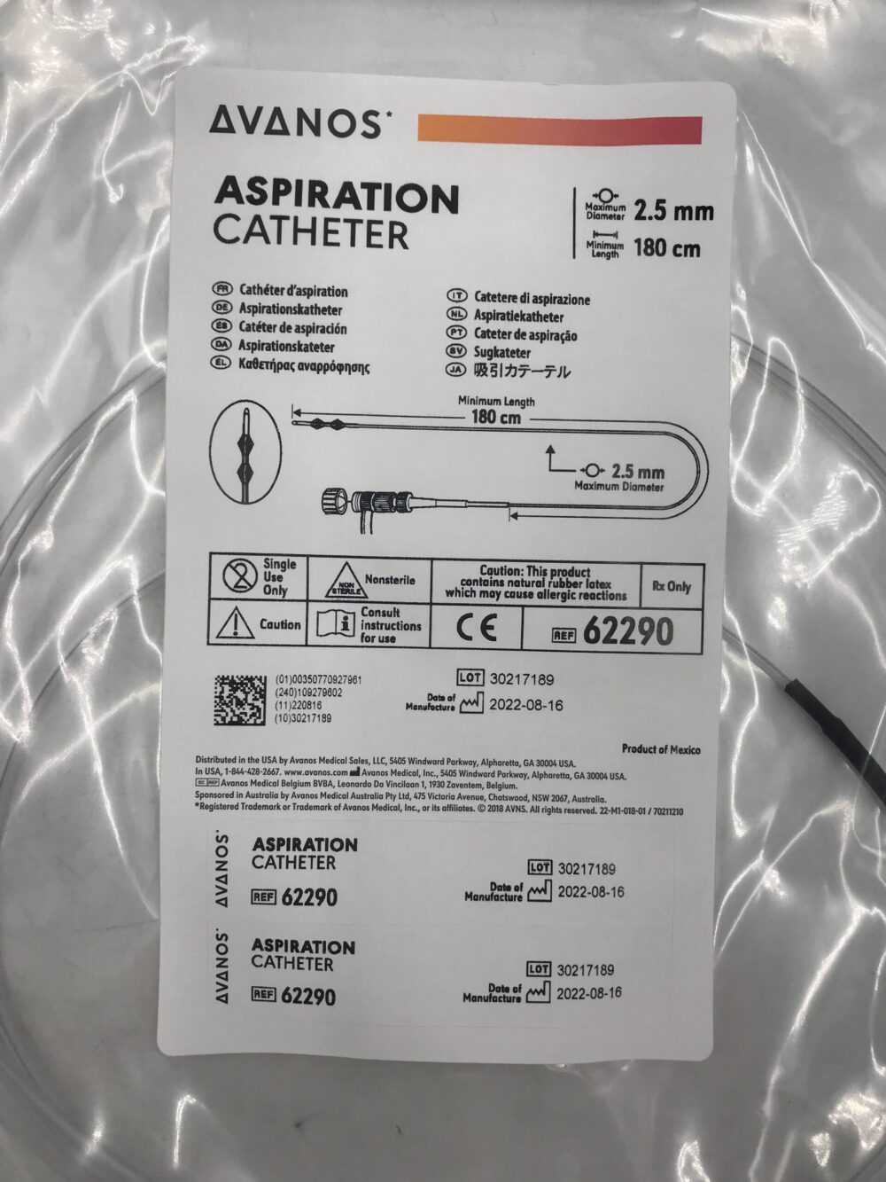 AVANOS 62290 Aspiration Catheter 2.5mm x 180cm - GB TECH USA