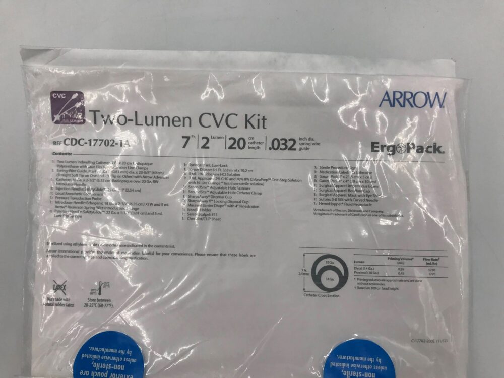 ARROW CDC-17702-1A Two-Lumen CVC Kit, ErgoPack 7F x 20cm x .032in(X ...
