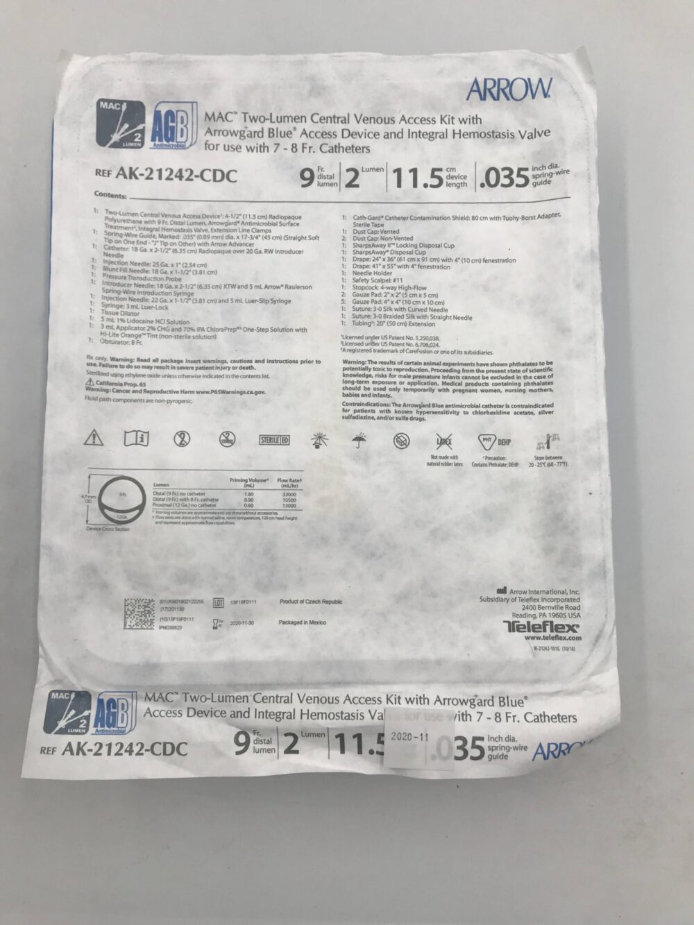 ARROW AK-21242-CDC AGB MAC Two-Lumen Central Venous Access Kit 9F x 11 ...