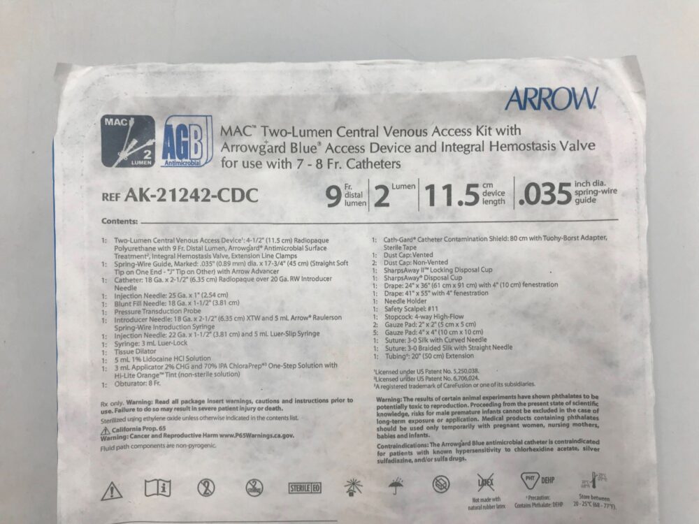 ARROW AK-21242-CDC AGB MAC Two-Lumen Central Venous Access Kit 9F x 11 ...