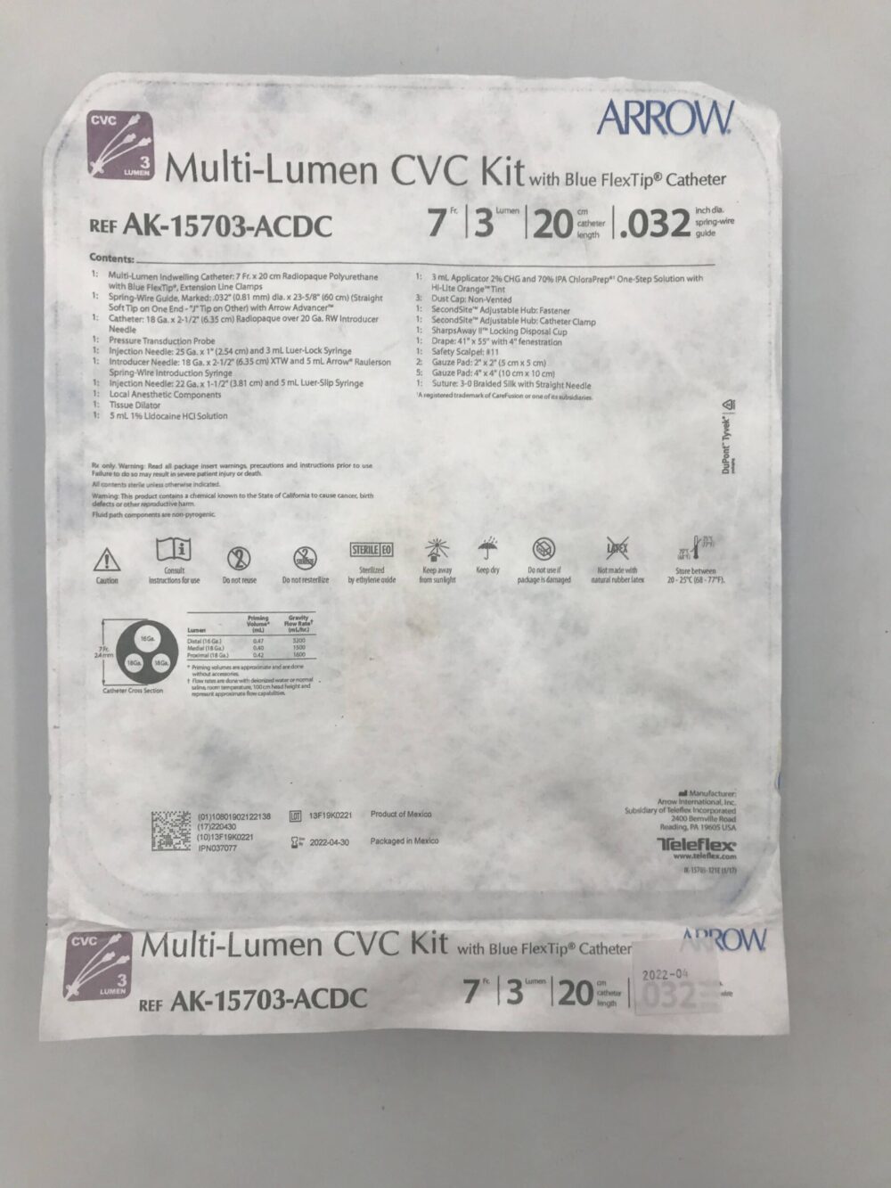 ARROW AK-15703-ACDC Multi-Lumen CVC Kit w/Blue FlexTip Catheter 7F(X ...