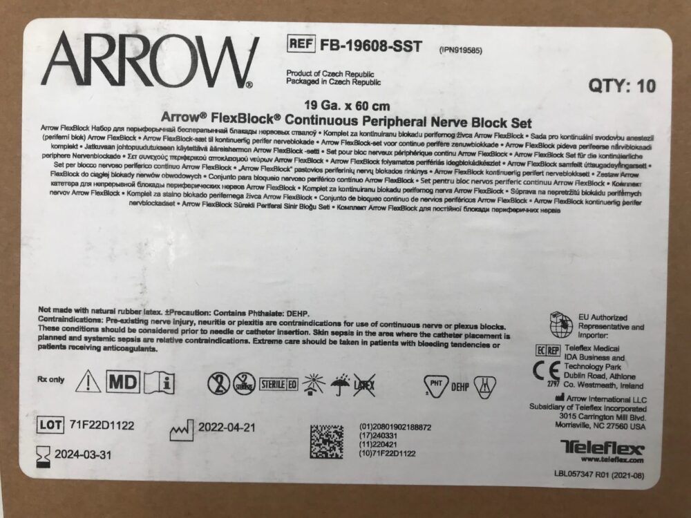 ARROW FB-19608-SST FlexBlock Continuous Peripheral Nerve Block Set 19Ga ...