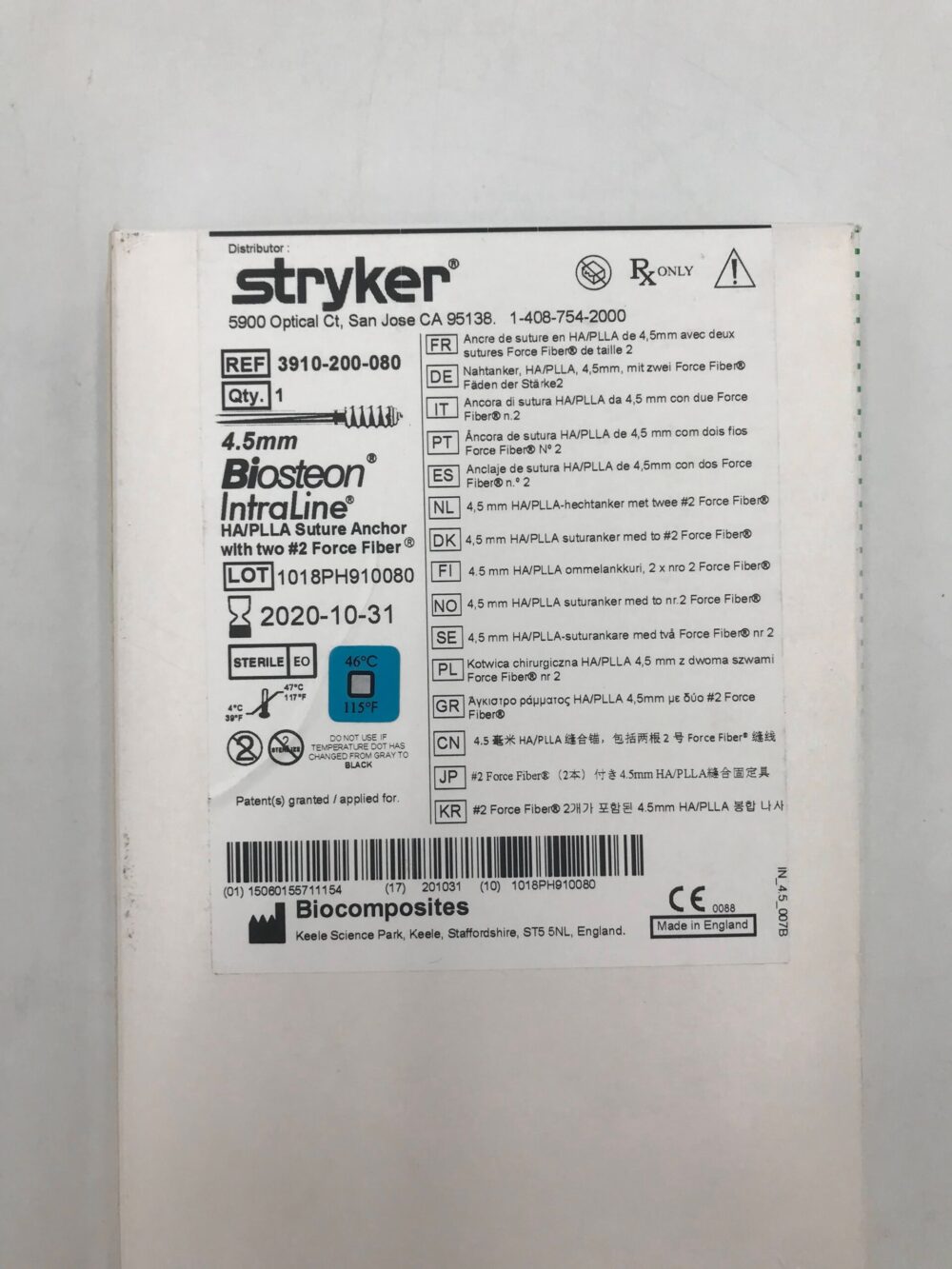 STRYKER 3910-200-080 Biosteon IntraLine HA/PLLA Sutura Anchor w/ Two #2 ...