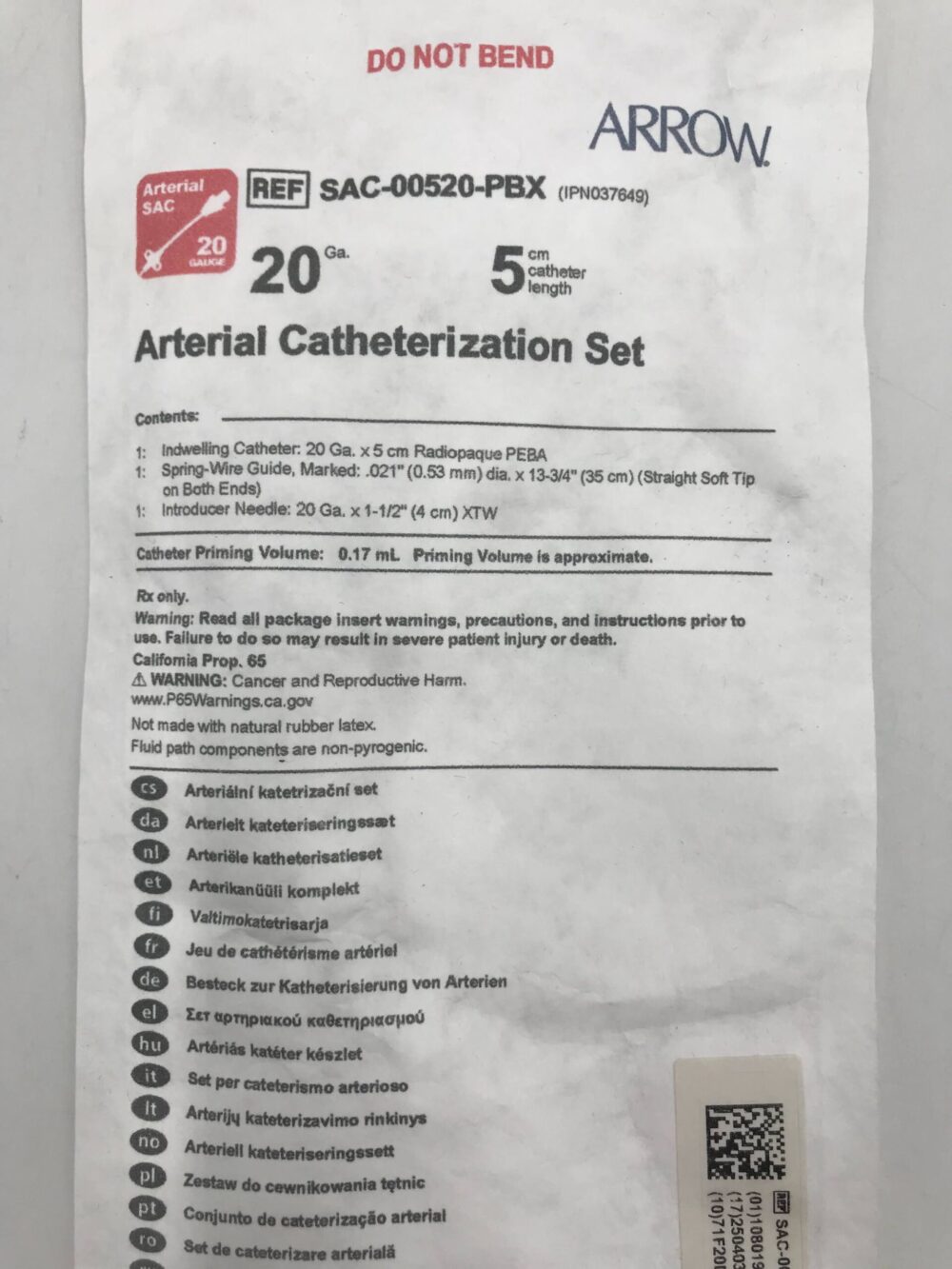 Arrow SAC-00520-PBX Arterial Catheterization Set 20Ga 5cm - GB TECH USA