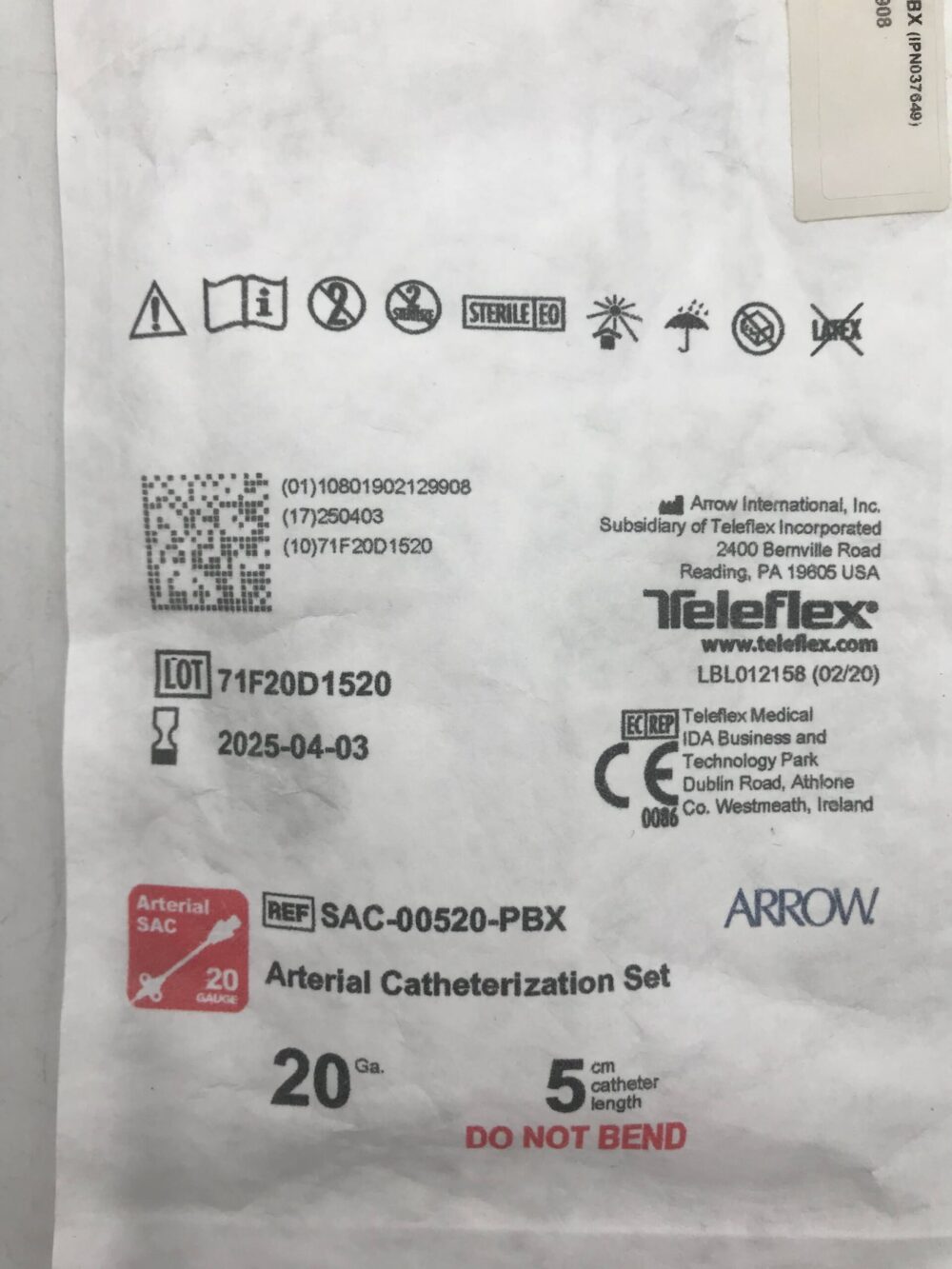 Arrow SAC-00520-PBX Arterial Catheterization Set 20Ga 5cm - GB TECH USA