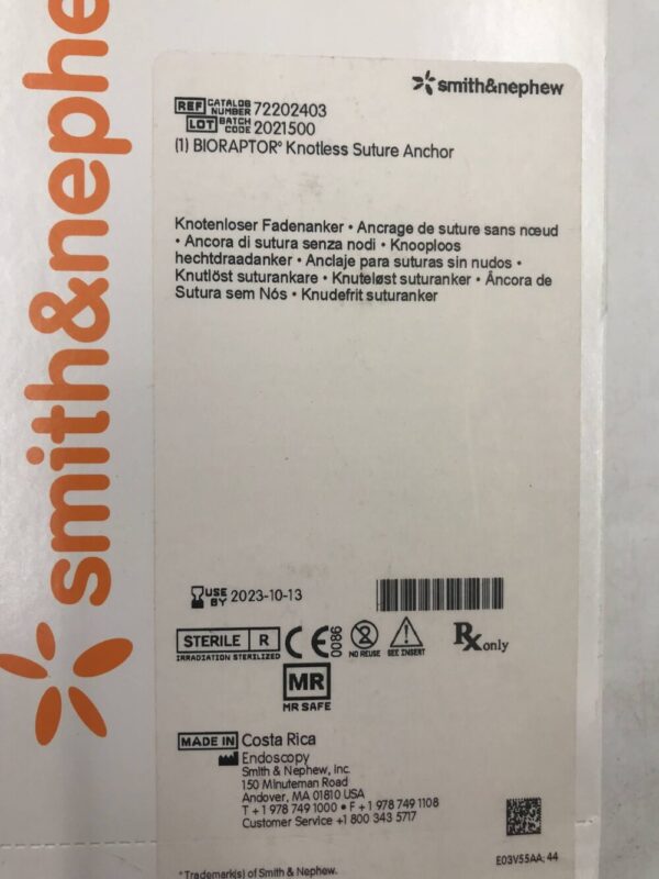 Smith&Nephew 72202403 Bioraptor Knotless Suture Anchor (X) - GB TECH USA