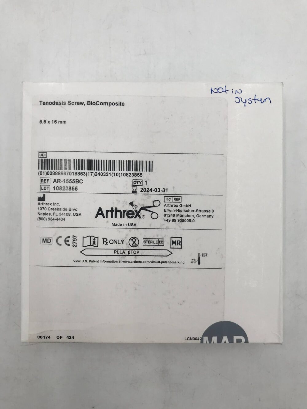 Arthrex AR-1555BC Tenodesis Screw Biocomposite 5.5 x 15mm (X) - GB TECH USA