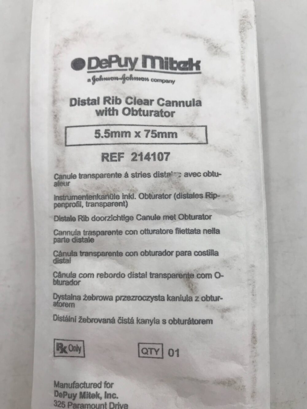 DePuy 214107 Distal Rib Clear Cannula with Obturator 5.5mm x 75mm (X ...