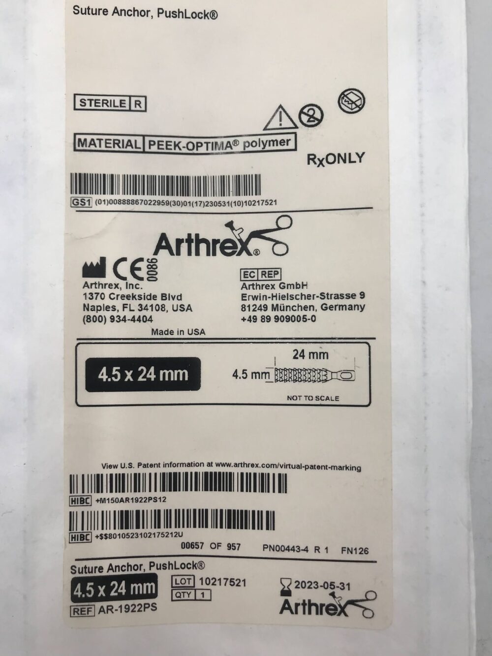 Arthrex AR-1922PS Suture Anchor PushLock 4.5 x 24mm (X) - GB TECH USA