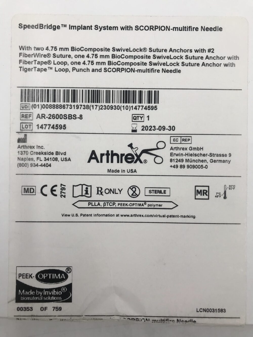 Arthrex AR-2600SBS-8 SpeedBridge Implant System with Scorpion-Multifire ...
