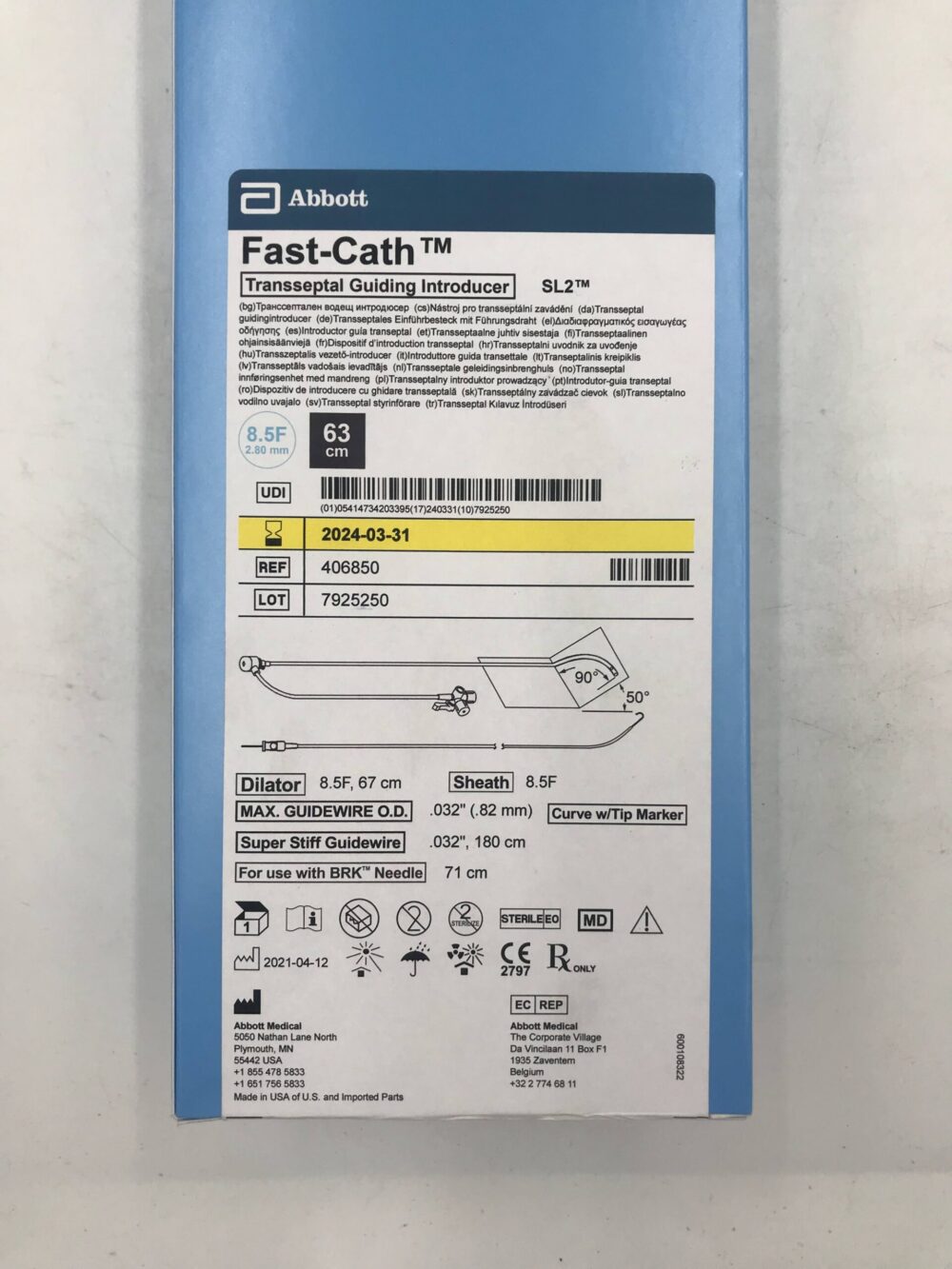 ABBOTT 406850 Fast-Cath SL2 Transseptal Guiding Introducer 8.5F x 63cm ...