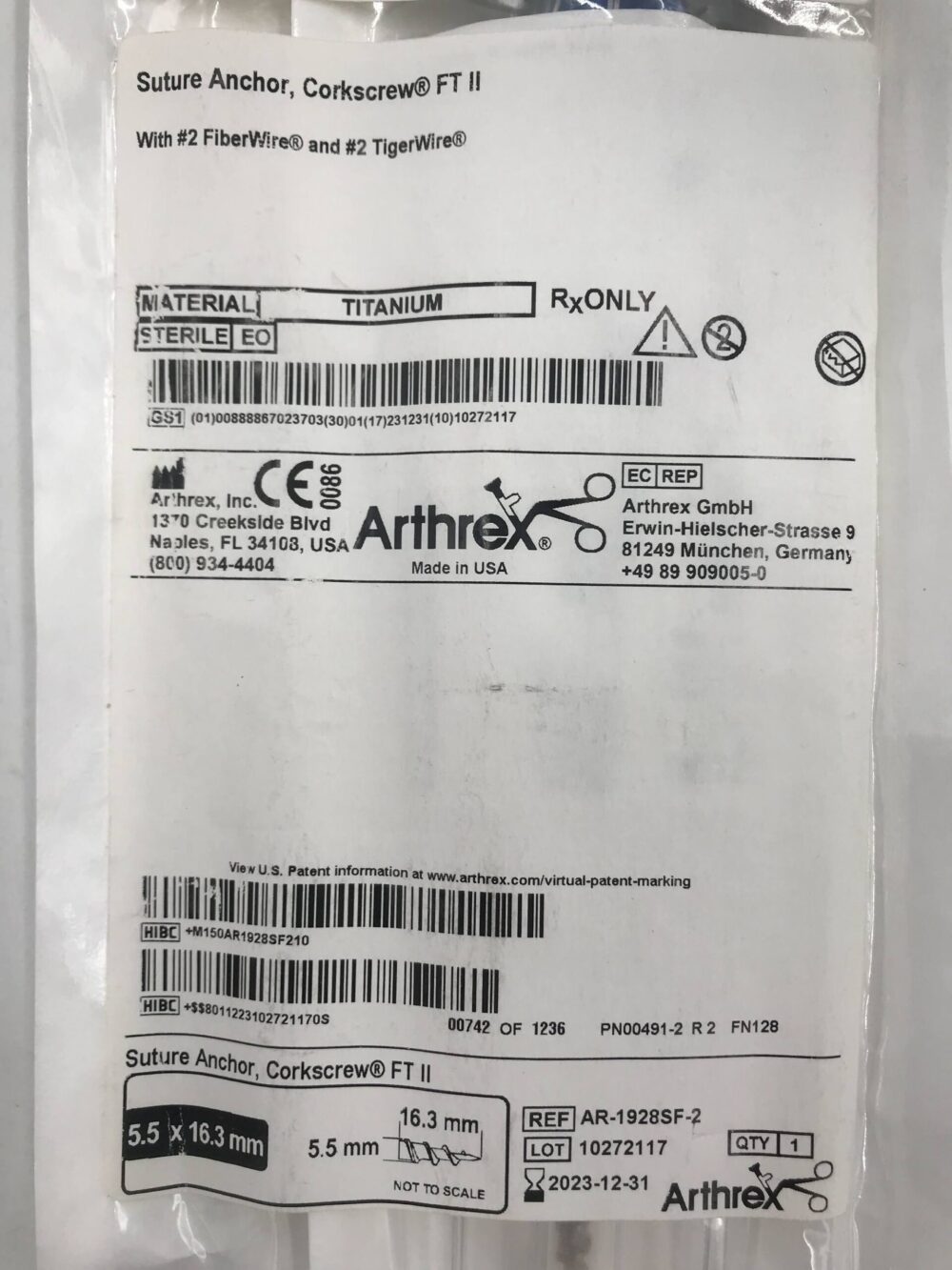 Arthrex AR-1928SF-2 Suture Anchor Corkscrew 3.5 x 12.1mm (X) - GB TECH USA