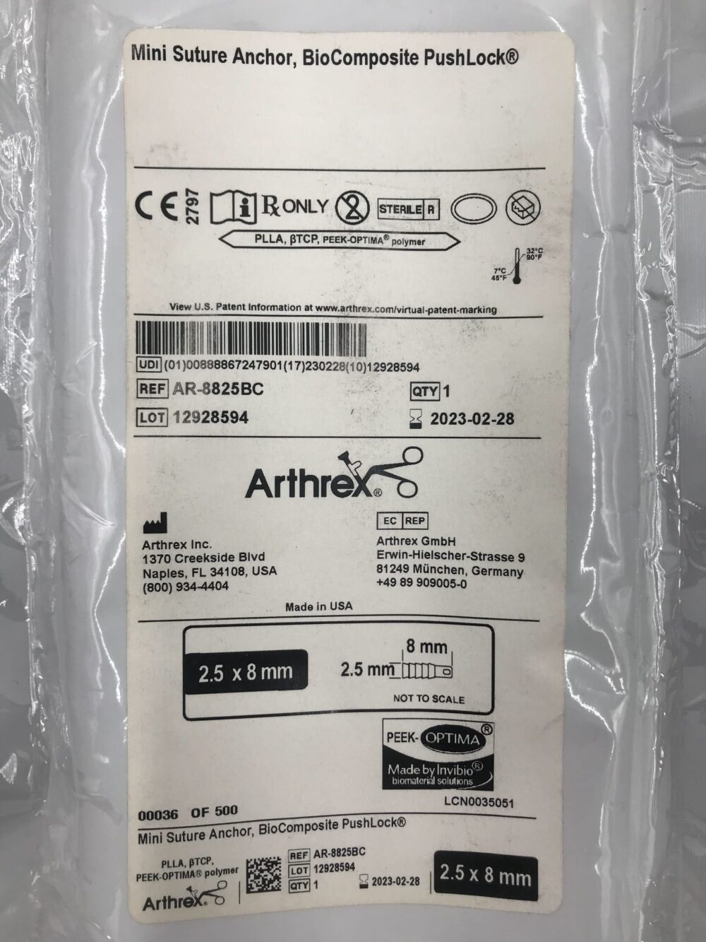 Arthrex AR-8825BC Mini Suture Anchor BioComposite PushLock 2.5 x 8mm (X ...