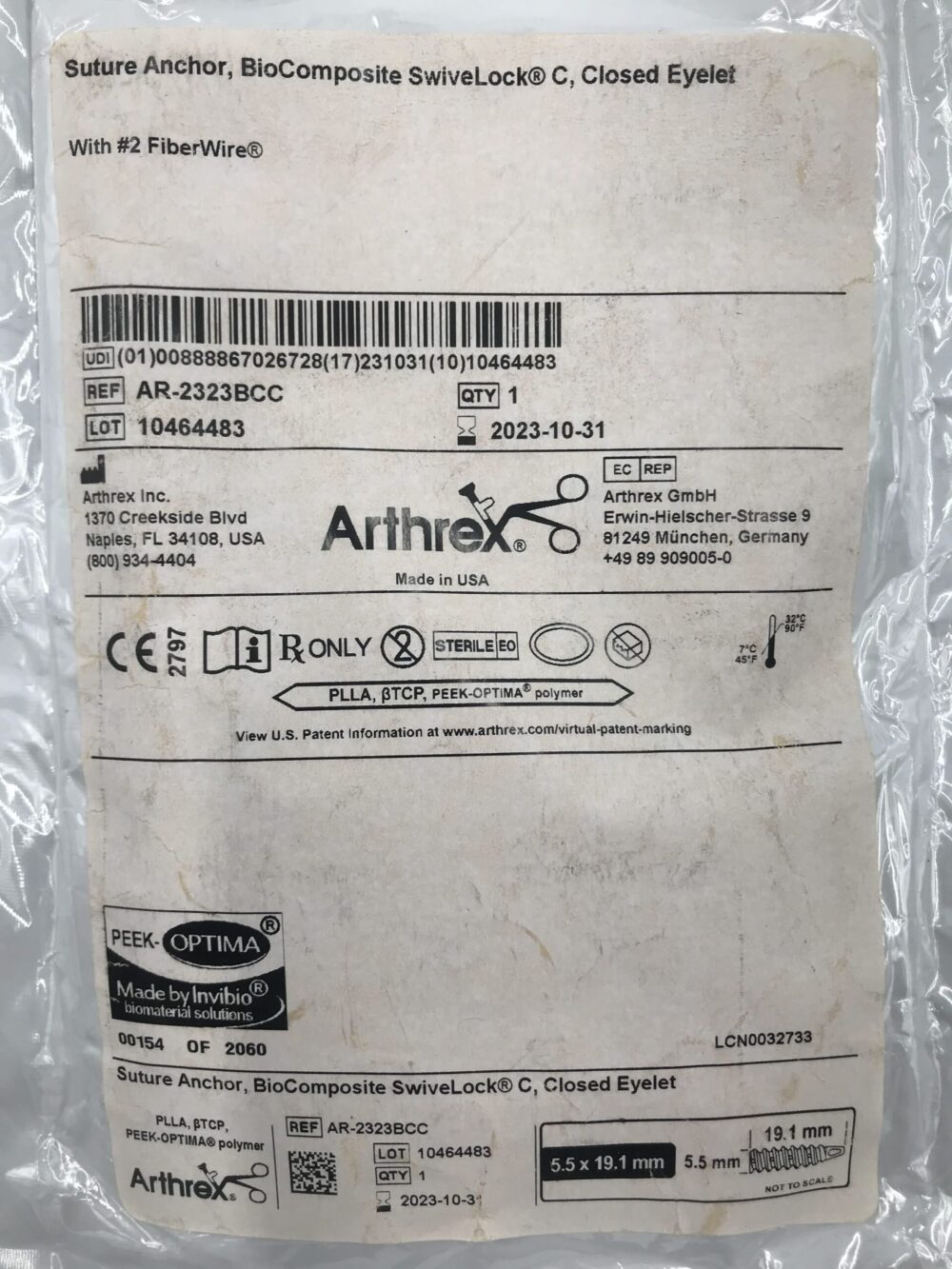 Arthrex AR-2323BCC Suture Anchor BioComposite SwiveLock C Closed Eyelet ...