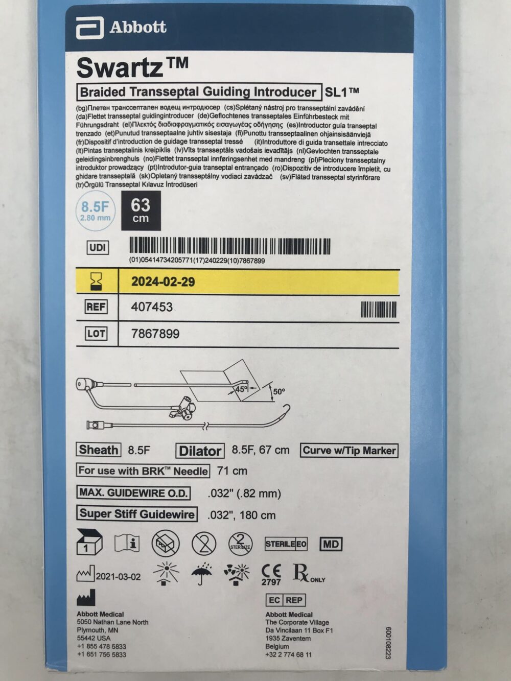 ABBOTT 407453 Swartz SL1 Braided Transseptal Guiding Introducer 8.5F x ...