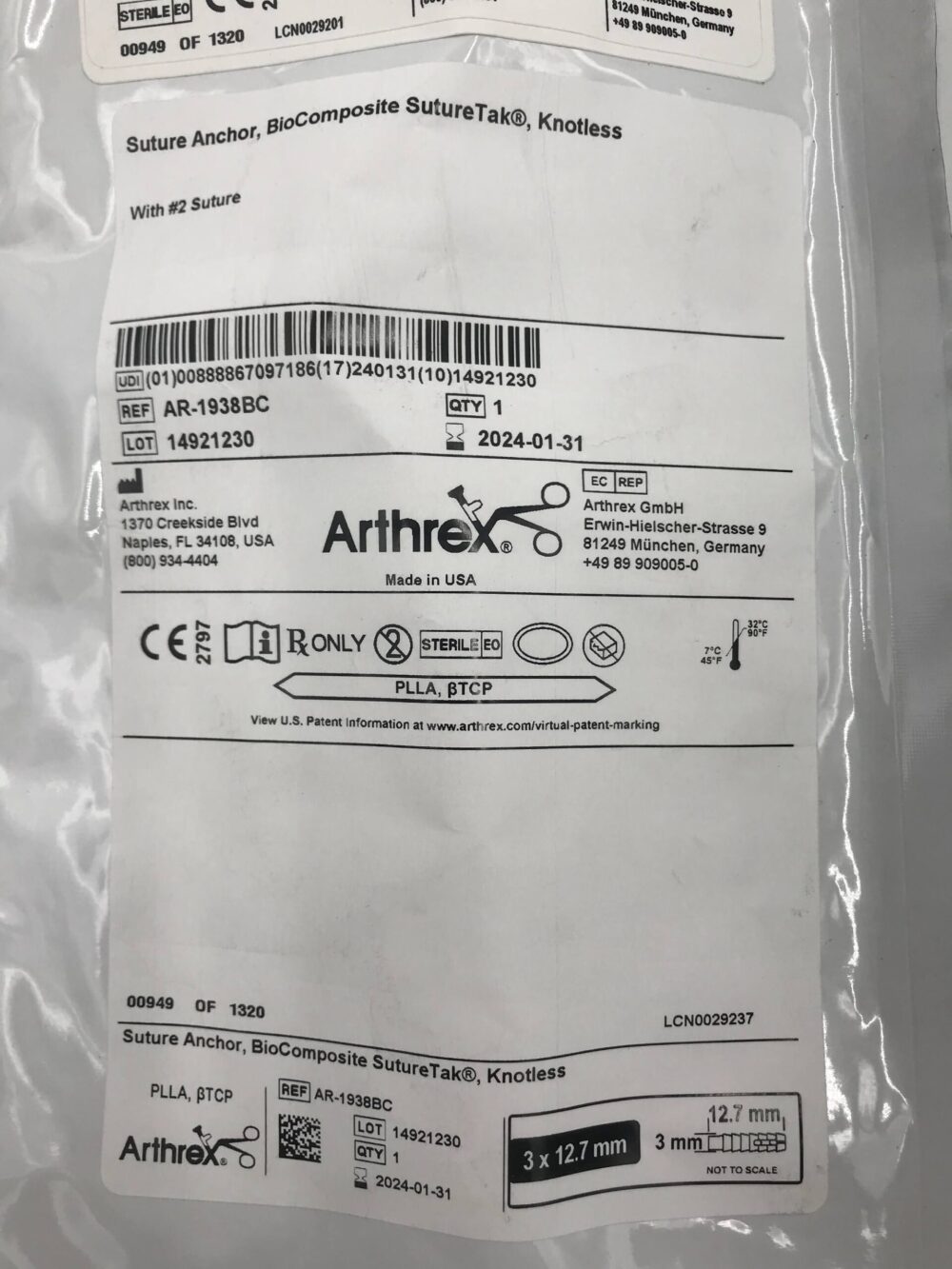 Arthrex AR-1938BC Suture Anchor BioComposite SutureTak Knotless with #2 ...