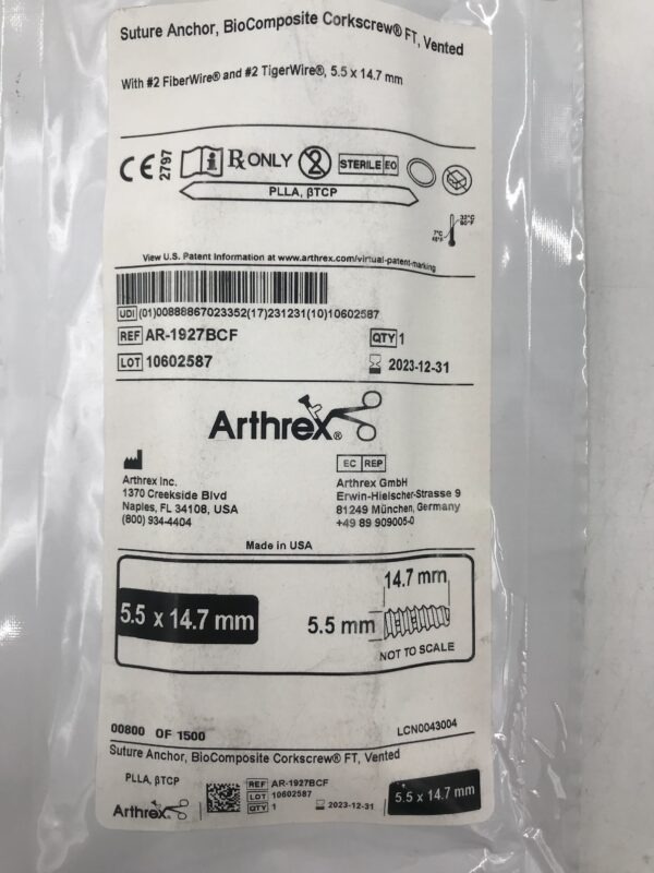 Arthrex AR-1927BCF Suture Anchor Biocomposite Corkscrew FT Vented 5.5 x ...