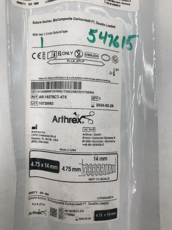 Arthrex AR-1927BCT-475 Suture Anchor BioComposite Corkscrew FT Double ...