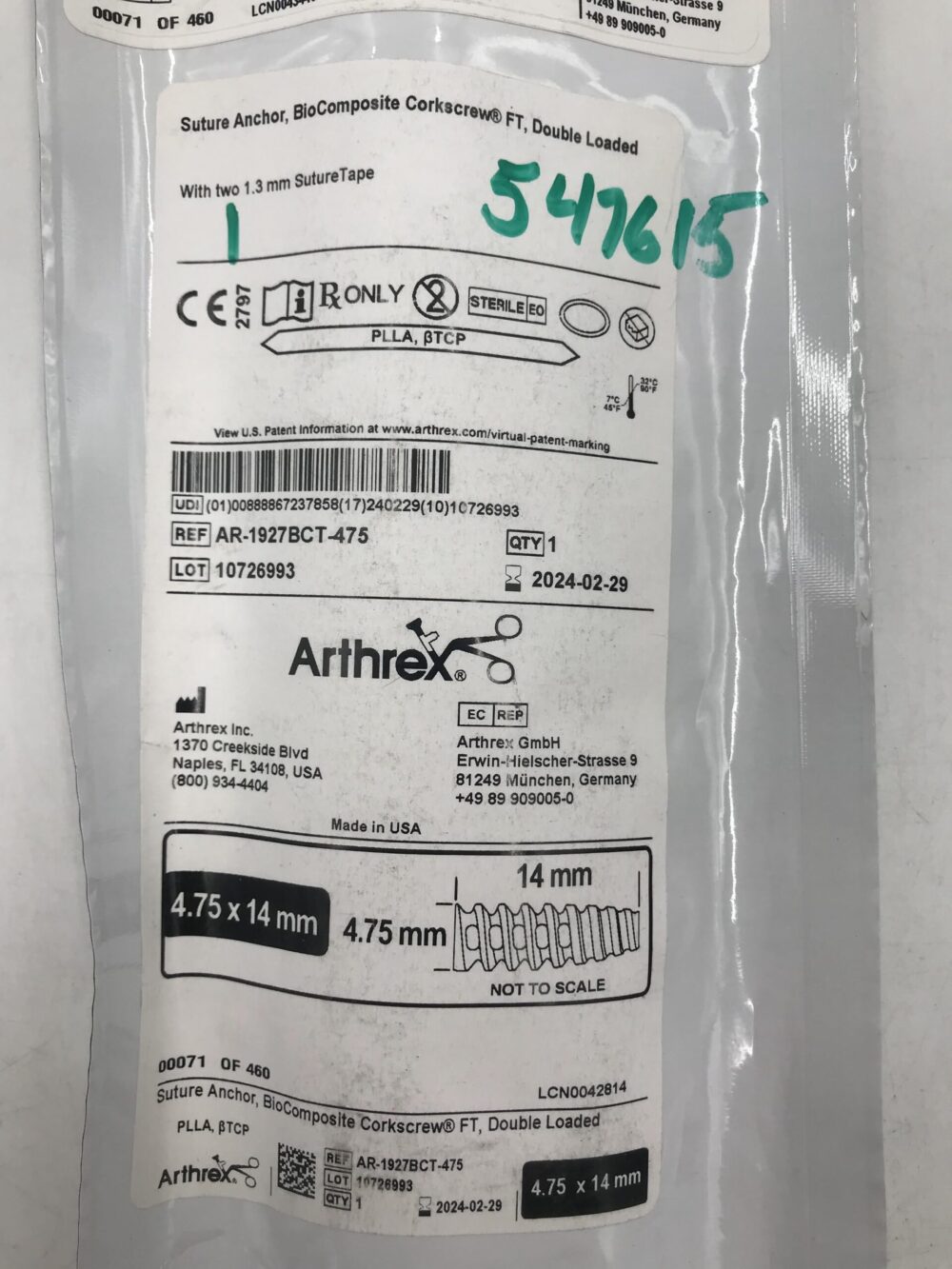 Arthrex AR-1927BCT-475 Suture Anchor BioComposite Corkscrew FT Double ...