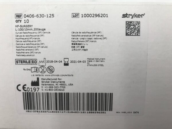 Stryker 0406-630-125 Curved Radiofrequency (RF) Cannula HF-Surgery L:100/10mm, 20G (10/Box) (X ...