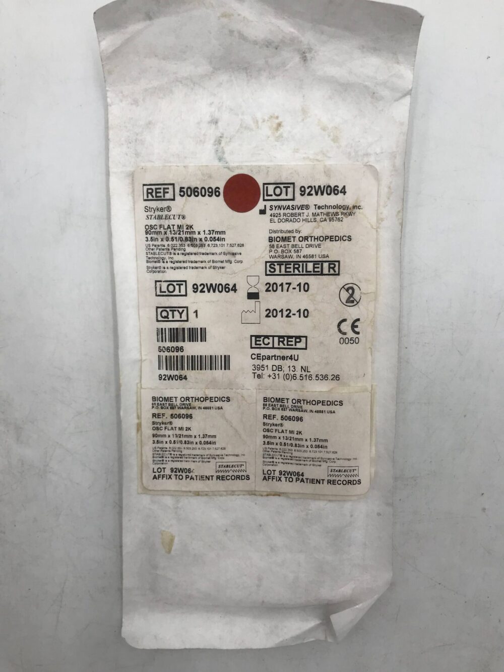 Synvasive 506096 Biomet OSC Flat Mi 2k, 90mm x 13/21mm x 1.37mm (X ...