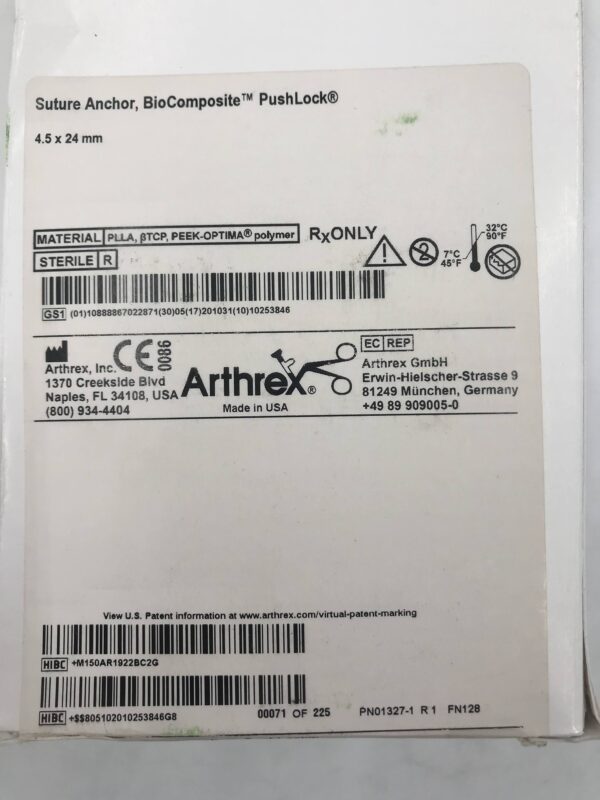 Arthrex AR-1922BC Suture Anchor BioComposite PushLock 4.5 x 24mm (5/Box ...