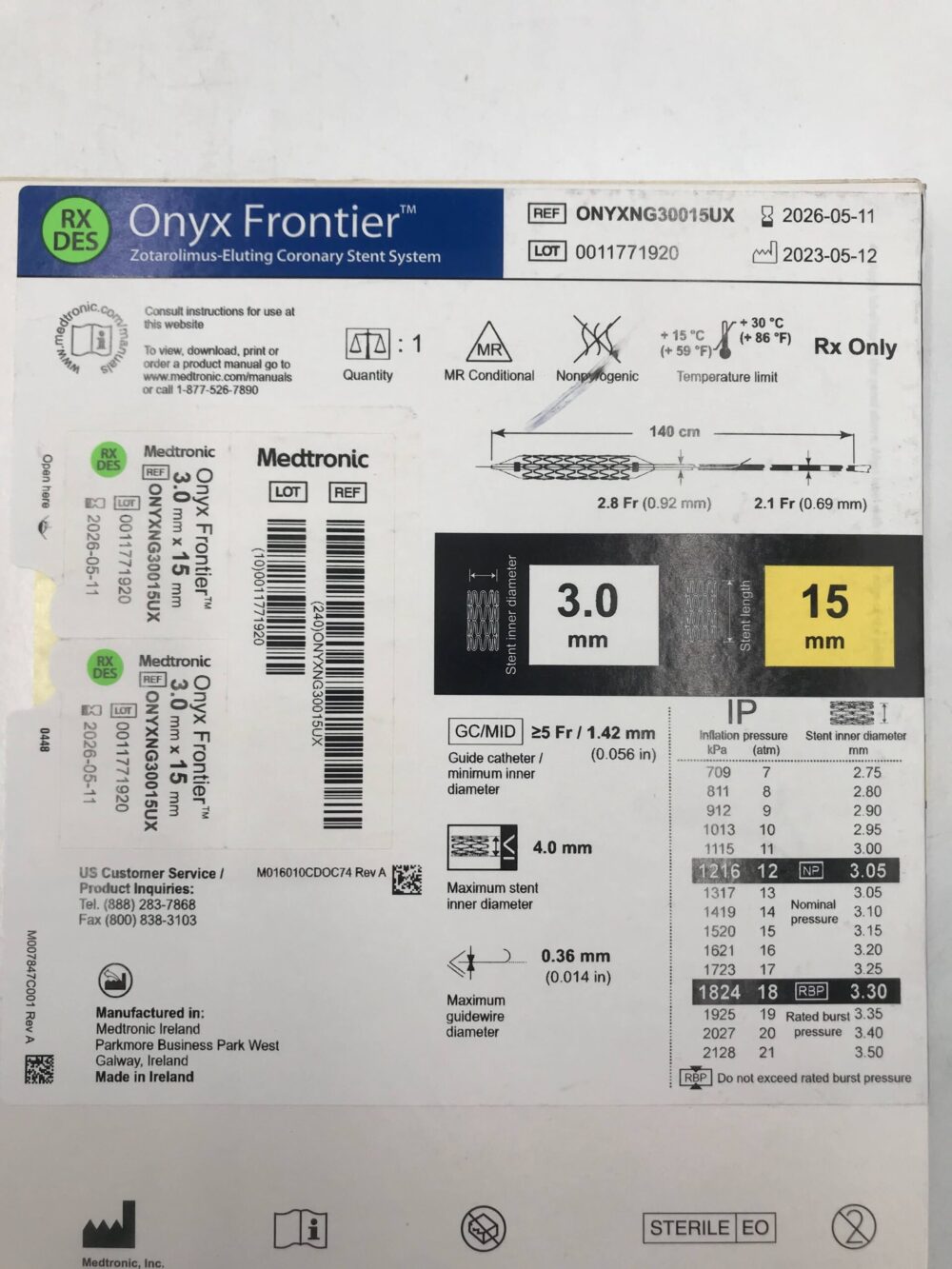 Medtronic ONYXNG30015UX Onyx Frontier Zotarolimus-Eluting Coronary ...