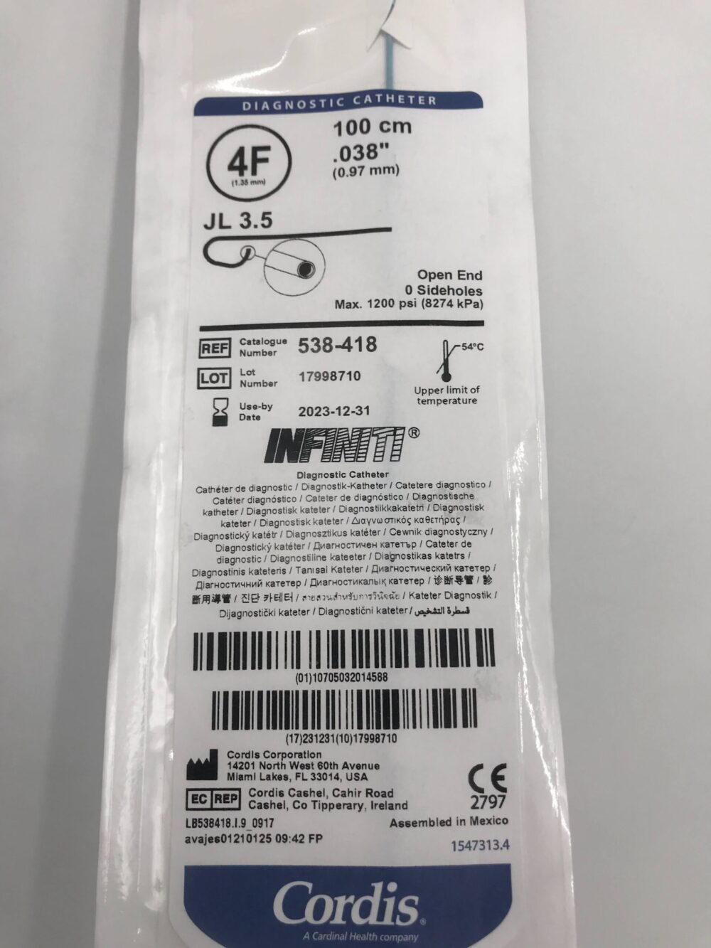 Cordis 538-418 Infiniti JL 3.5 Diagnostic Catheter 4F 100cm (X) - GB ...