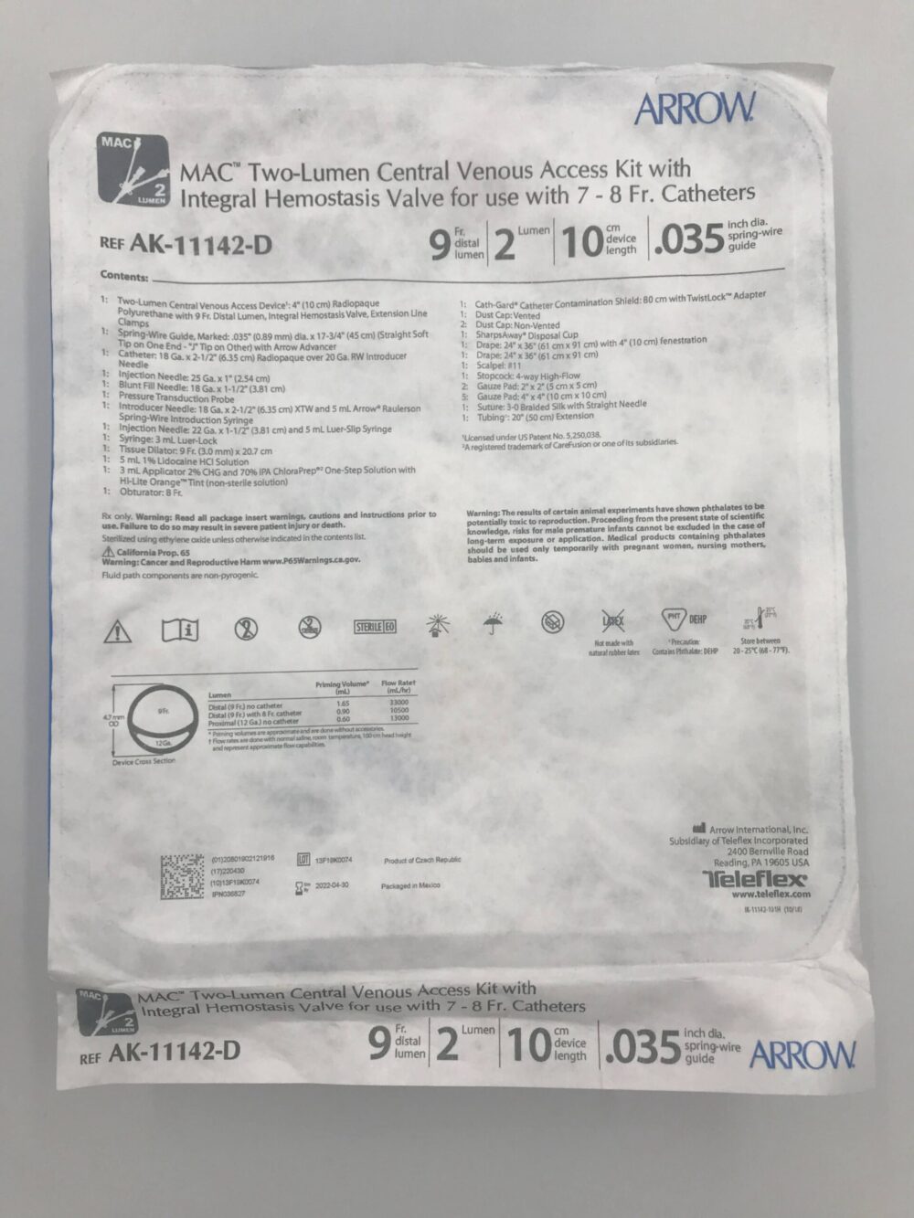 Two-Lumen Central Venous Access Kit w/ Integral Hemostasis Valve - GB ...