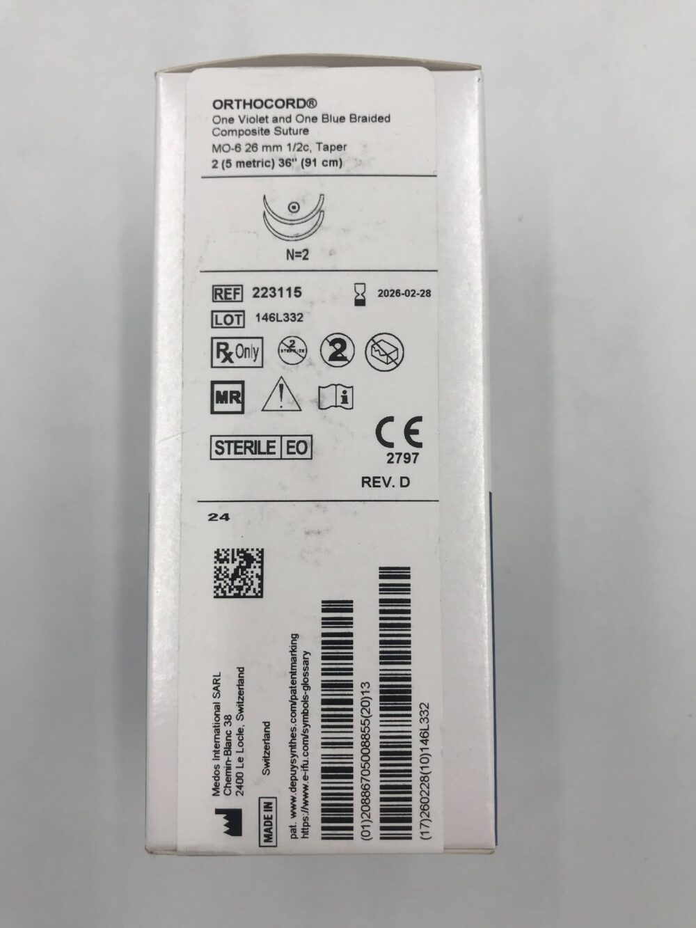 DEPUY 223115 Orthocord One Violet and One Blue Braided Composite Suture ...