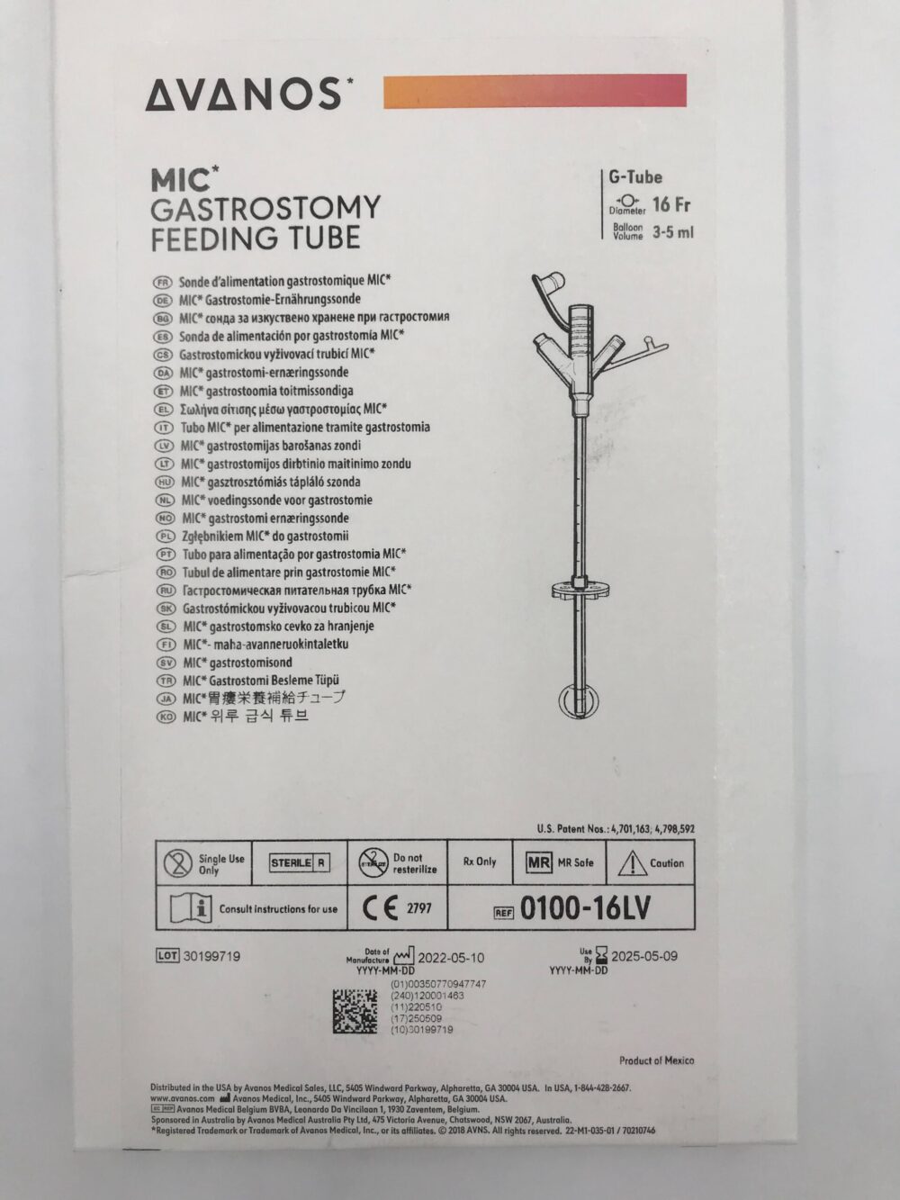 AVANOS 0100-16LV MIC Gastrostomy Feeding Tube G-Tube 16Fr x 3-5ml - GB ...