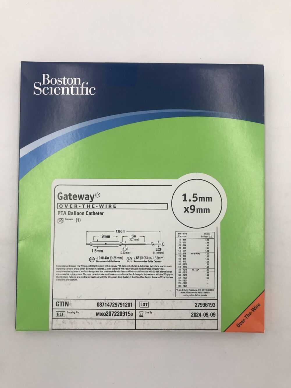 BOSTON SCIENTIFIC 207220915 Gateway OTW PTA Balloon Catheter1.5mm x 9mm ...