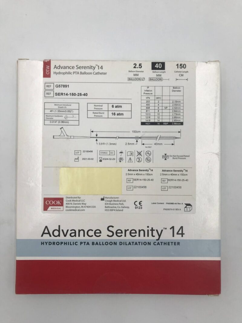 COOK G57891 OTW Advance Serenity 14 Hydrophilic PTA Balloon Catheter 2 ...