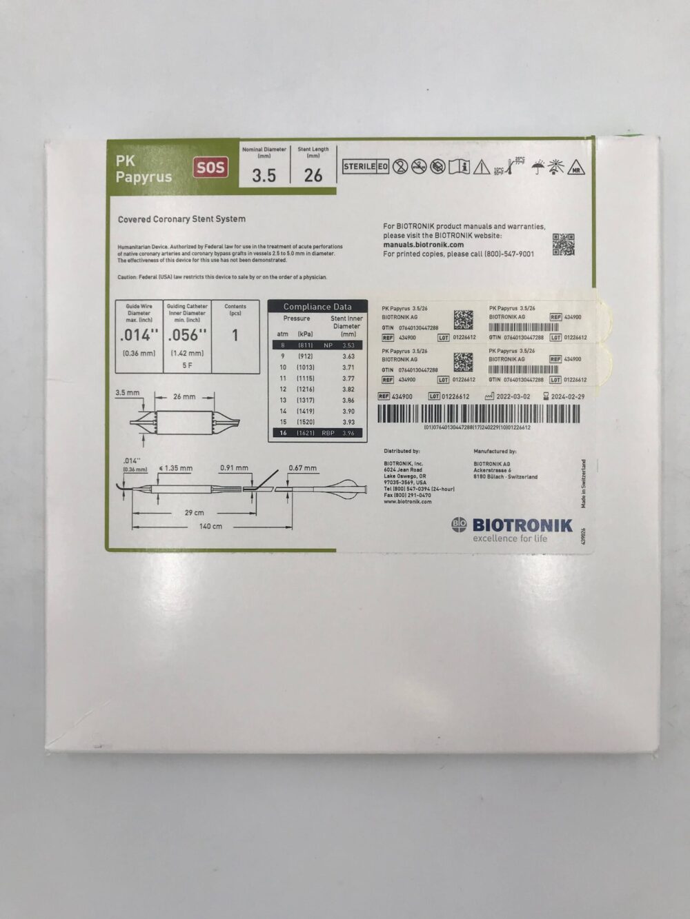 BIOTRONIK 434900 PK Papyrus SOS Covered Coronary Stent System 3.5x26mm ...