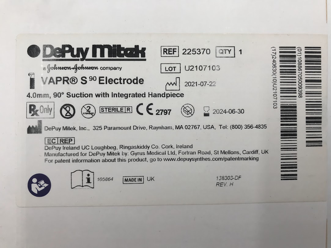 DEPUY MITEK 225370 Vapr S 90 Electrode 4.0mm 90° Suction w/Integrated ...