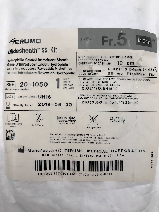 TERUMO 20-1050 Glidesheath SS Kit Hydrophilic Coated Introducer Sheath ...