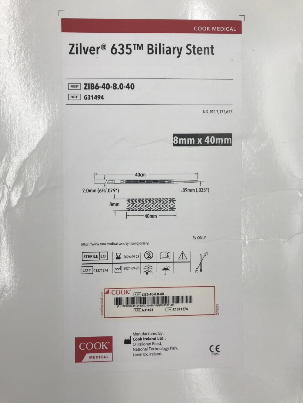COOK G31494 Zilver 635 Biliary Self-Expanding Stent 8mm x 40mm (X) - GB ...
