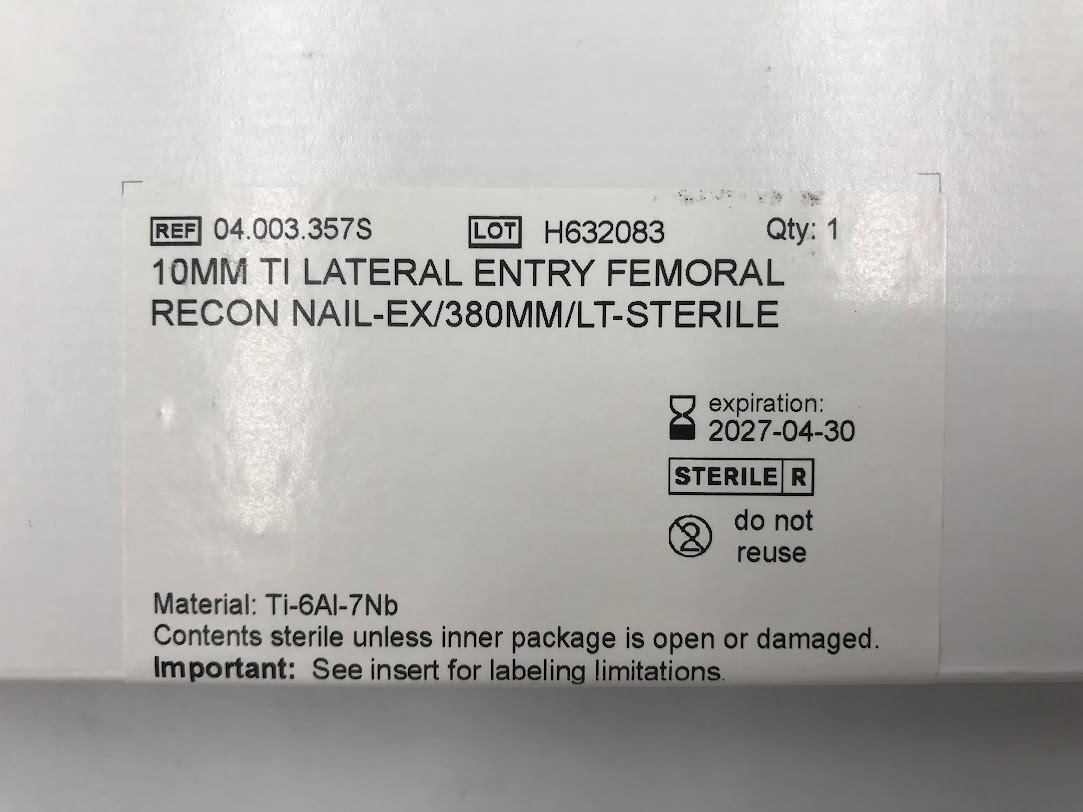 DEPUY SYNTHES 04.003.357S Ti Lateral Entry Femoral Recon Nail-Ex LT 10mm x 380mm - GB TECH USA