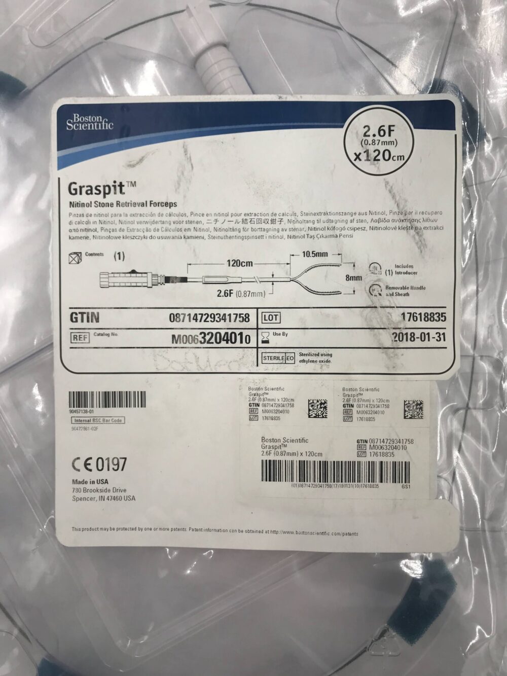 BOSTON SCIENTIFIC 320401 Graspit Nitinol Stone Forceps 2.6F x 120cm (X ...